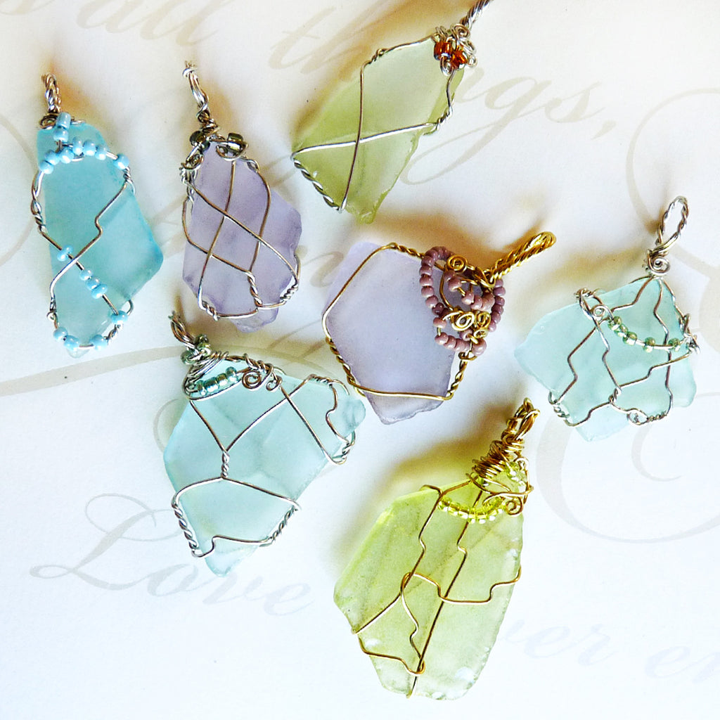 Cultured Sea Glass Pendant Lime And Gold Wire Wrapped With Beads Rhonda Chase Design