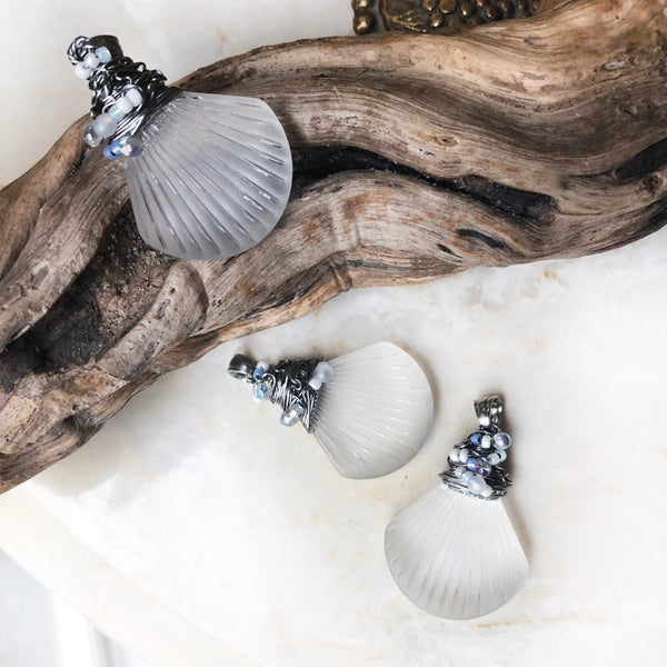 Cultured Sea Glass Shell Pendant Necklace - Stainless Steel Handmade W ...