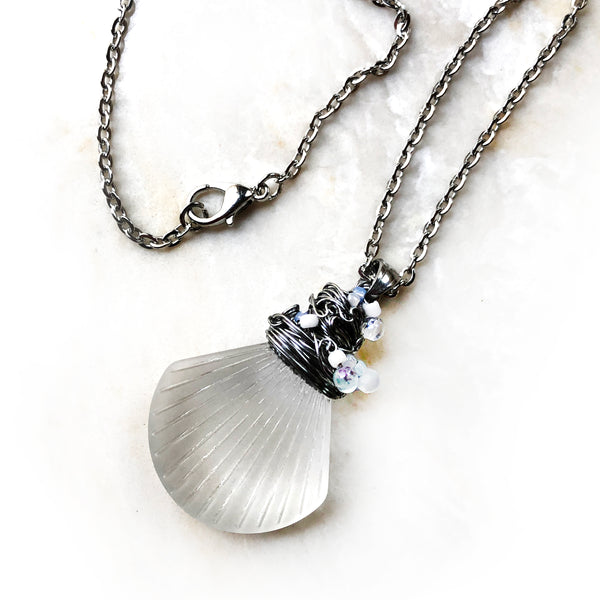 Cultured Sea Glass Shell Pendant Necklace - Stainless Steel Handmade W ...