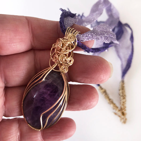 Amethyst Handmade Wire Wrapped Pendant Necklace, Gold Filled Wire Wrap ...